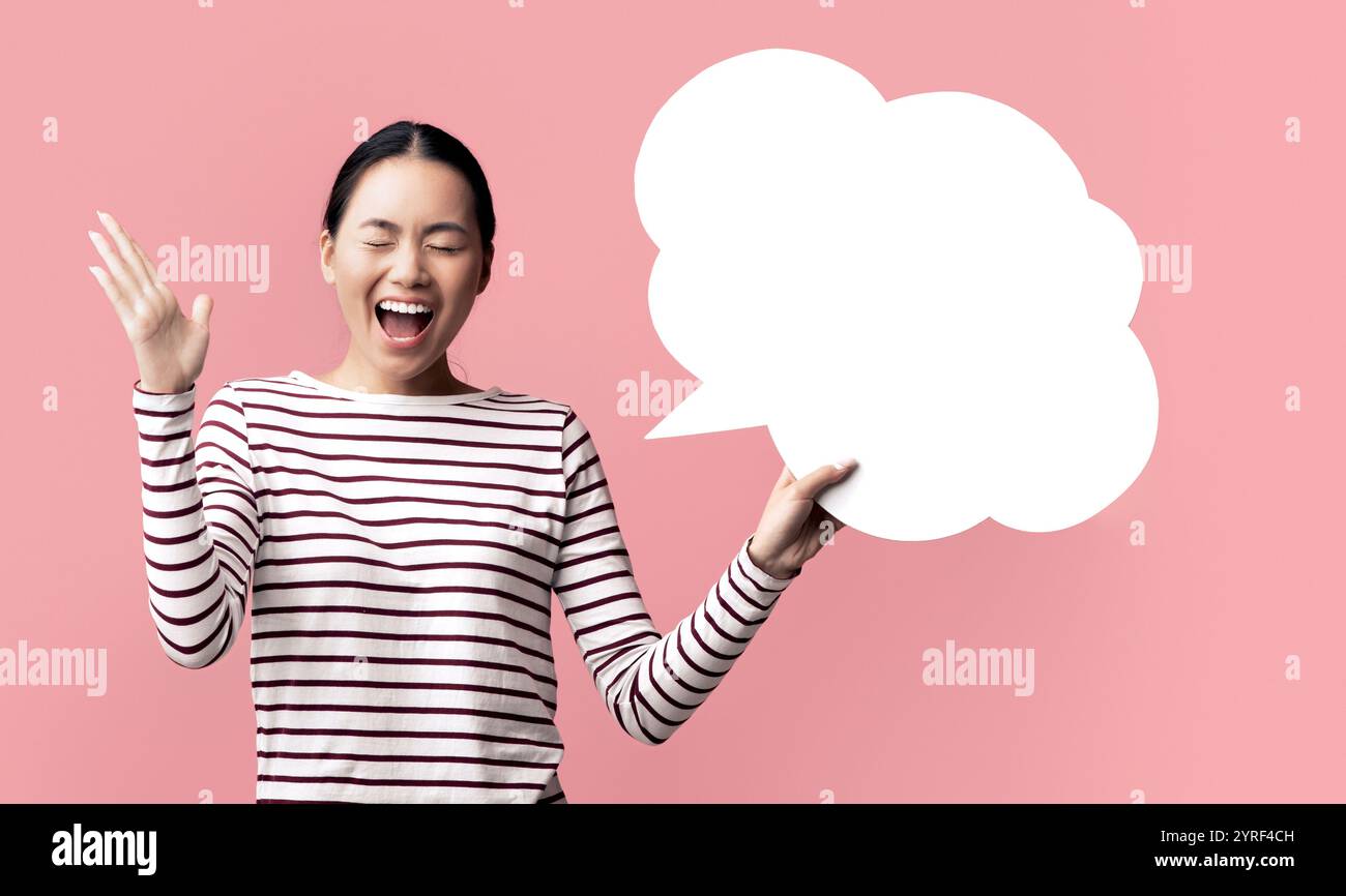 Crazy Idea. Emotional Asian Woman Holding Blank Speech Bubble ...