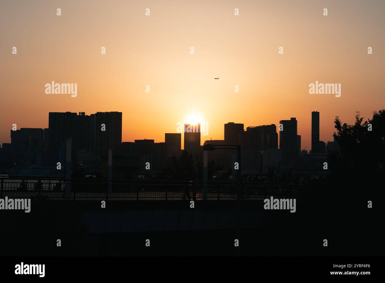 The Tokyo skyline at sunset showcases a vibrant cityscape with a plane ...
