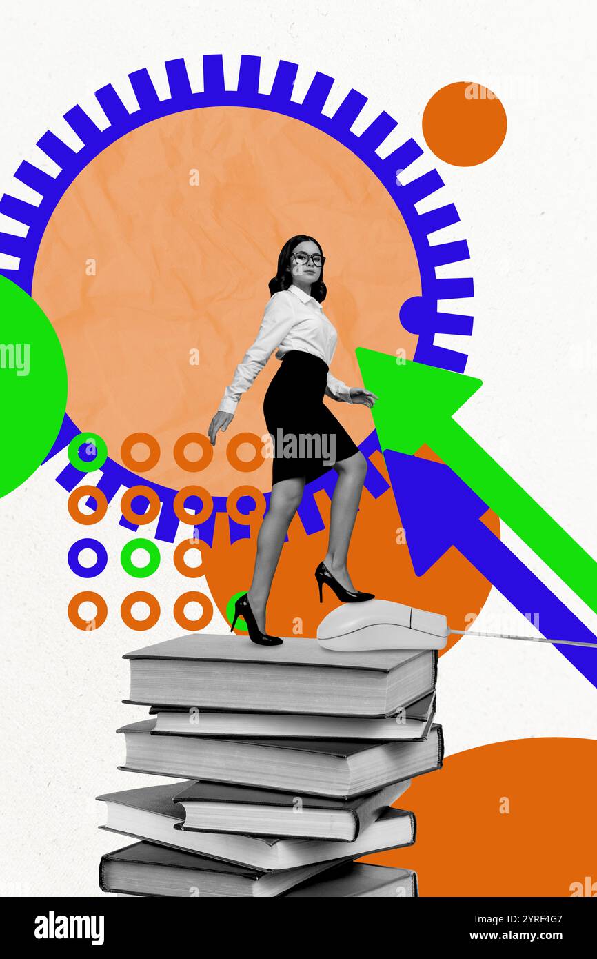 Vertical photo collage of serious businesswoman walk book education ...