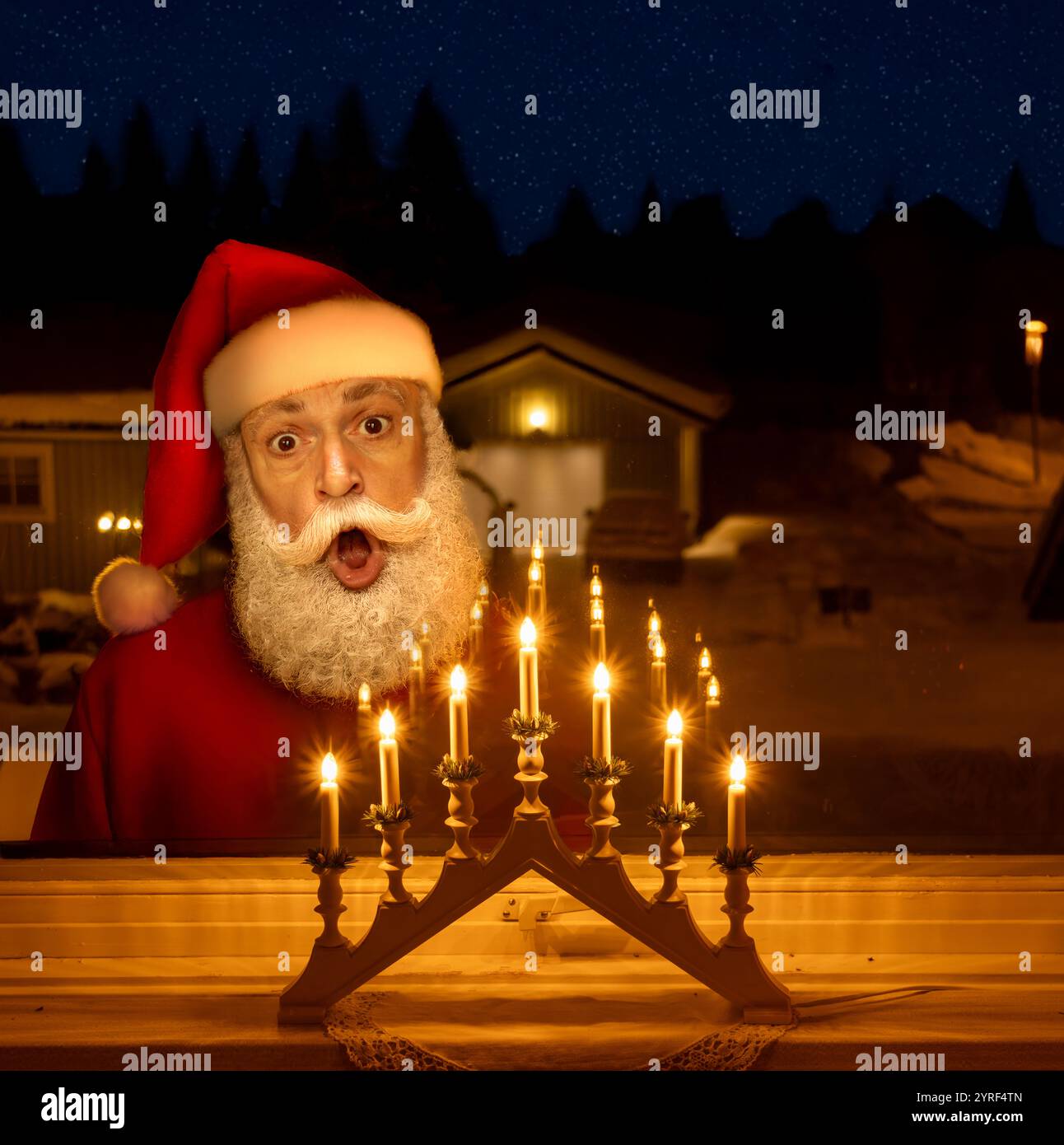 A shocked Santa Claus stands outside the window and looks inside Stock ...