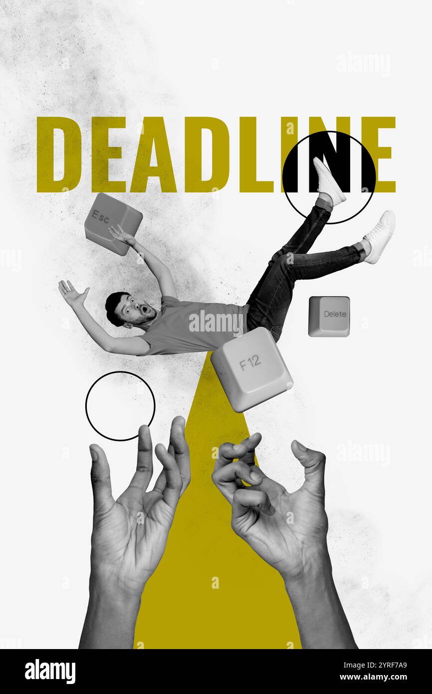 Vertical collage young man falling down overloaded employee deadline ...