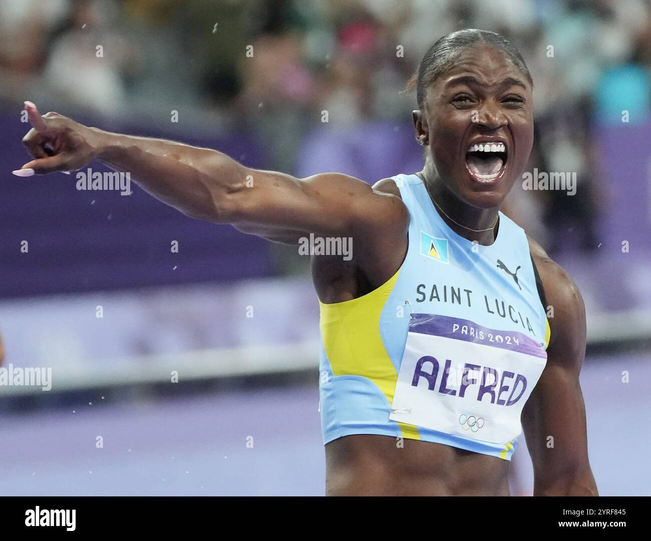 Paris, France. 03rd Aug, 2024. Julien Alfred of Saint Lucia celebrates ...