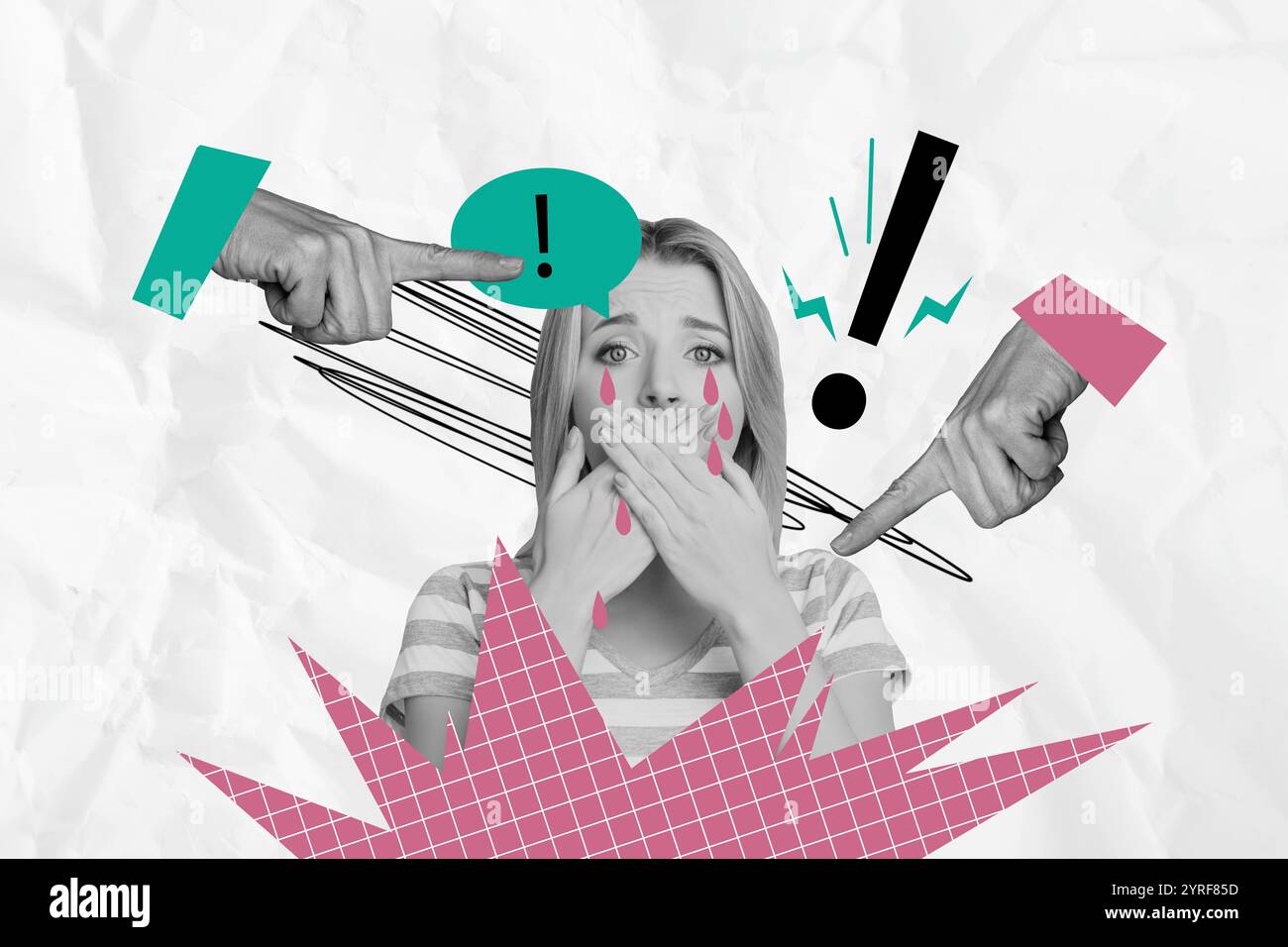 Composite photo collage of panic girl shut mouth cry depression hand ...