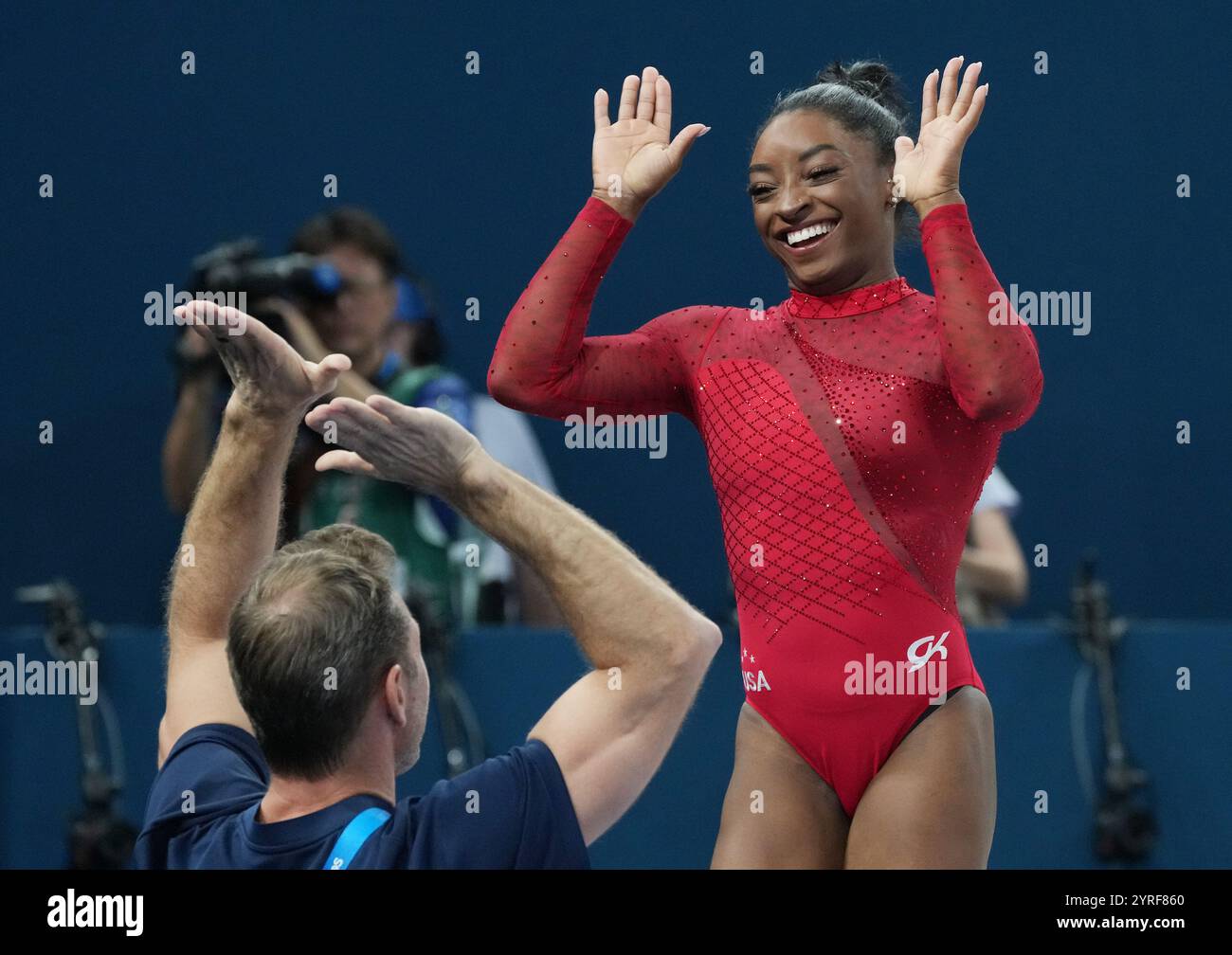 Paris, France. 03rd Aug, 2024. Simone Biles of the U.S. celebrates with ...
