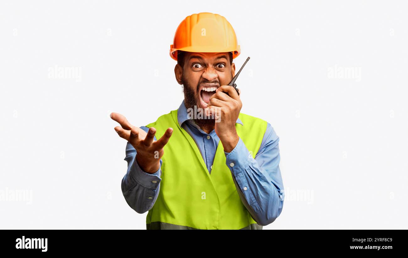 Mad Black Architect Shouting In Two-Way Radio On White Background Stock ...
