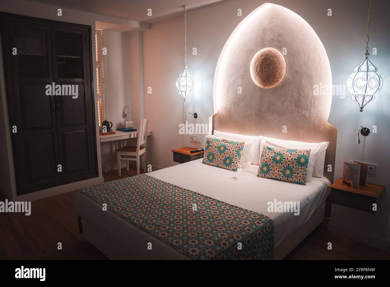 Luxurious Marrakech Style Hotel Room with Arched Headboard Stock Photo ...