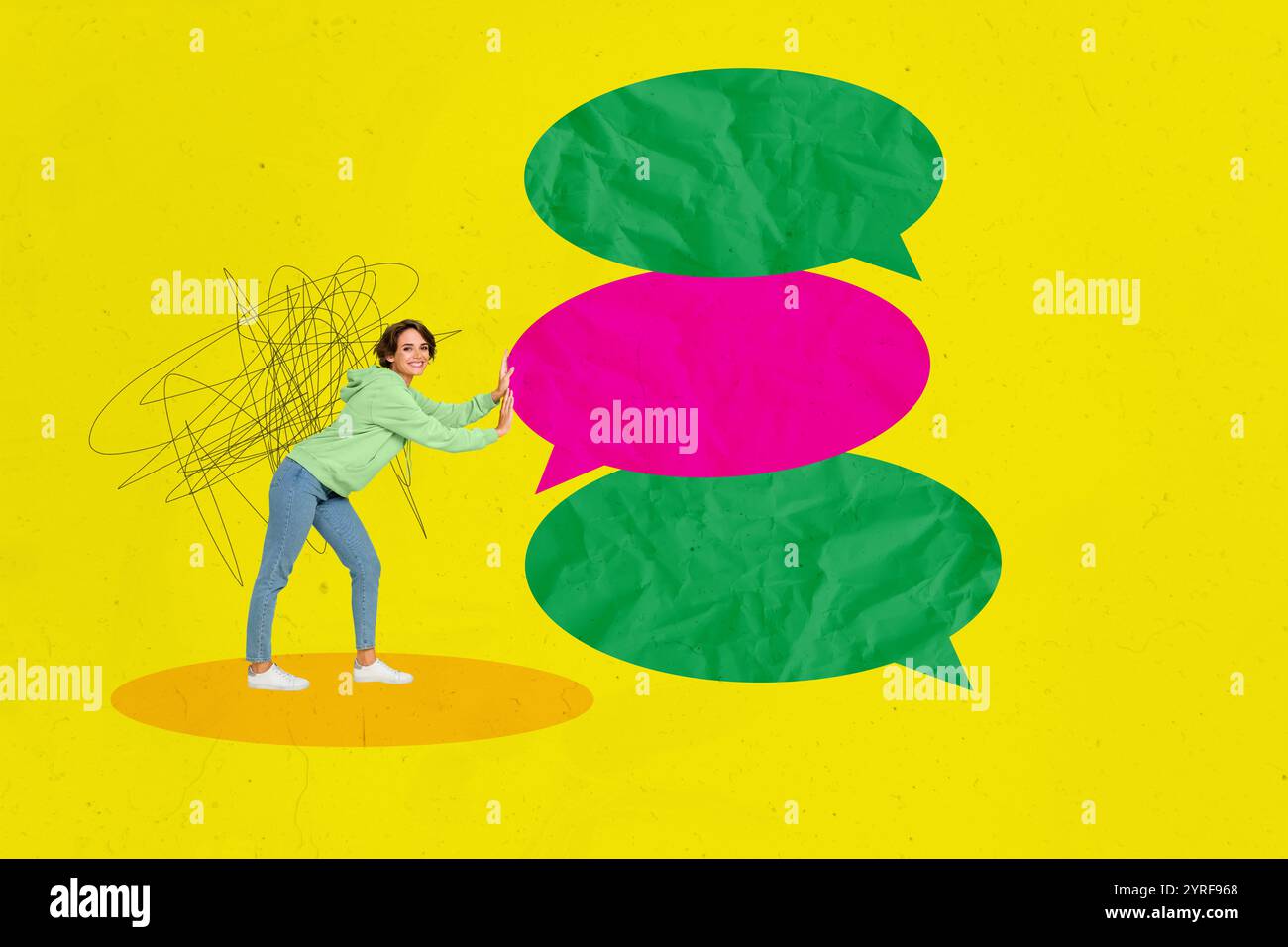 Composite photo collage of happy girl push colorful text box ...