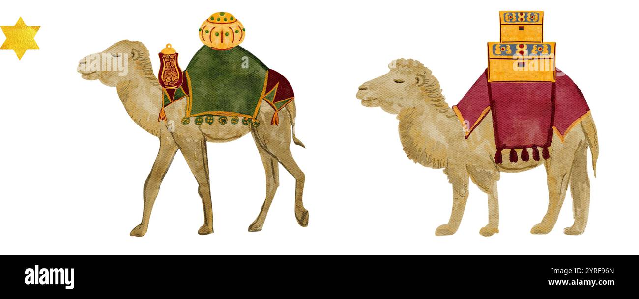 Camel with saddle blankets and chests with gifts Christmas watercolor ...