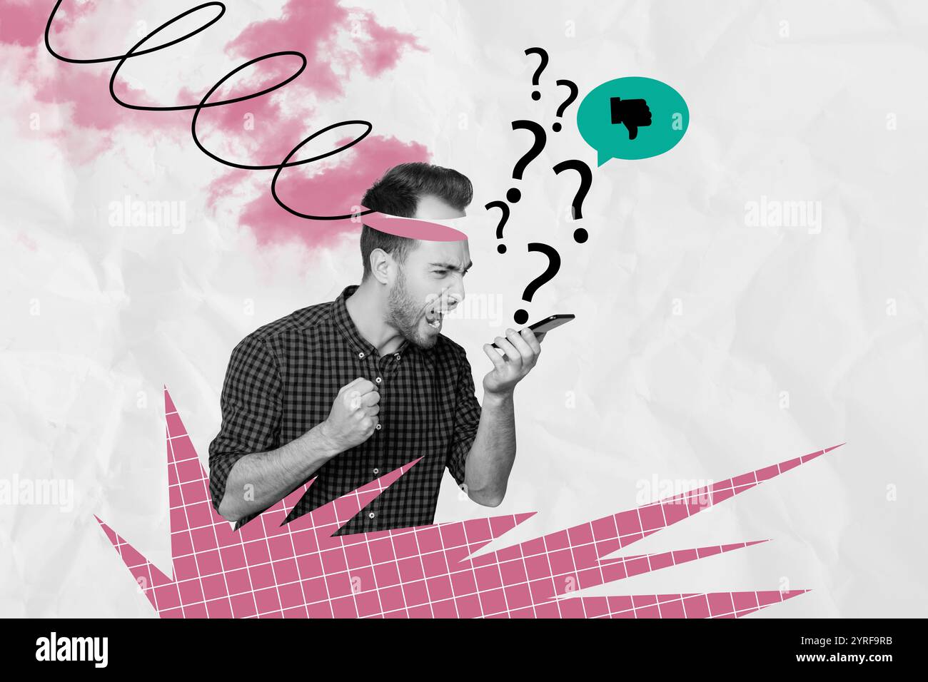 Creative collage picture young aggressive man scream smartphone call ...