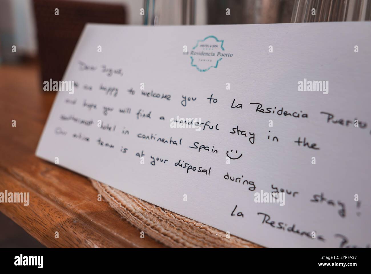 Handwritten Welcome Note at La Residencia Puerto Hotel in Spain Stock ...