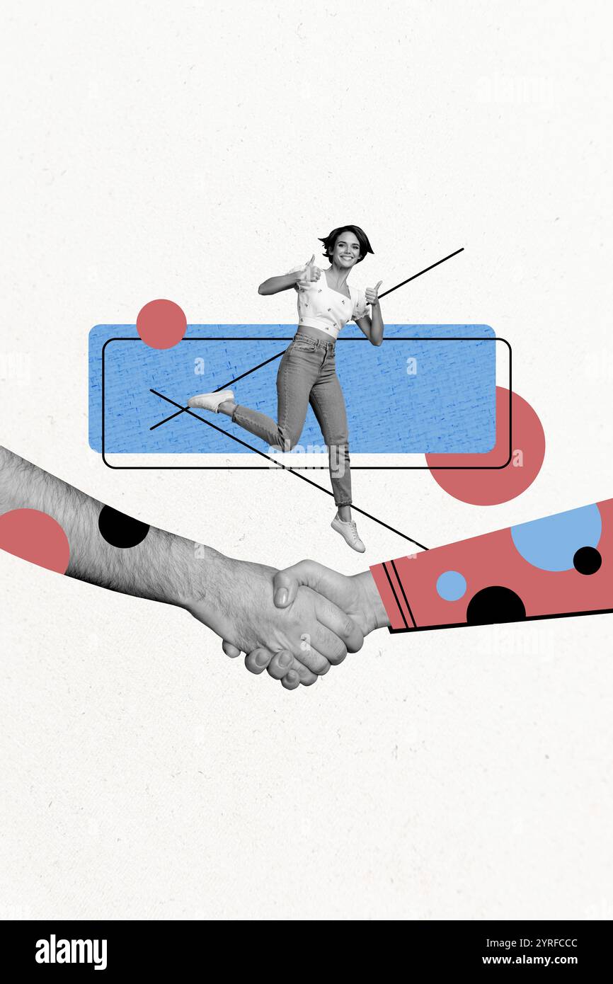 Vertical photo collage of happy girl show like gesture handshake ...