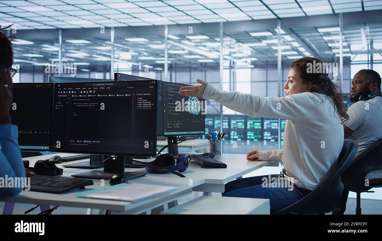Angry woman getting computer crash while trying to fix error in high tech data center. Furious ...