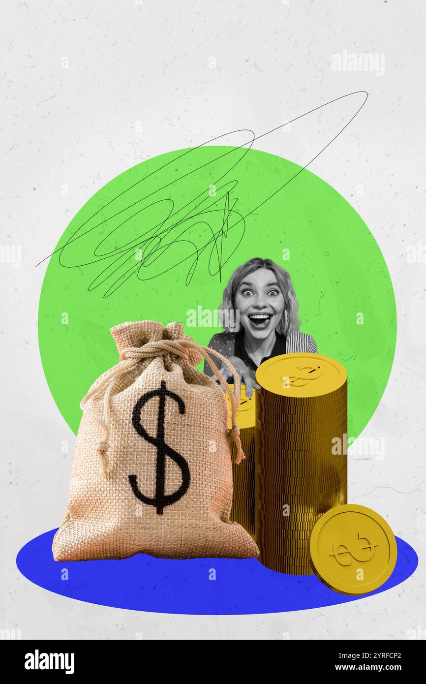 Composite artwork photo collage template sketch of money coins pile ...