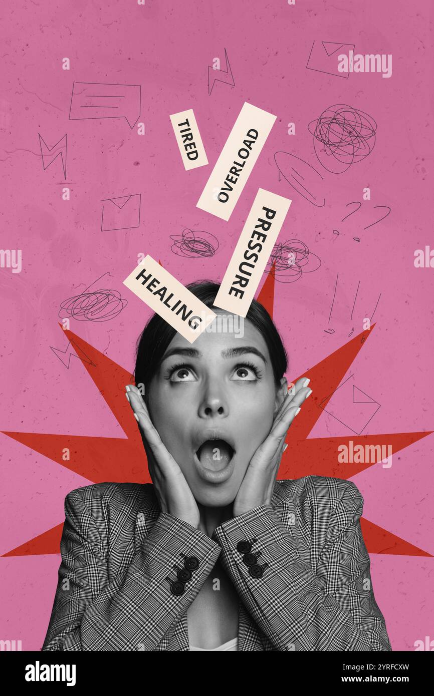 Creative artwork template sketch image 3D collage of young lady shocked ...