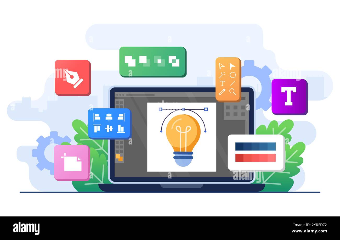 Graphic design software application on laptop screen flat illustration ...