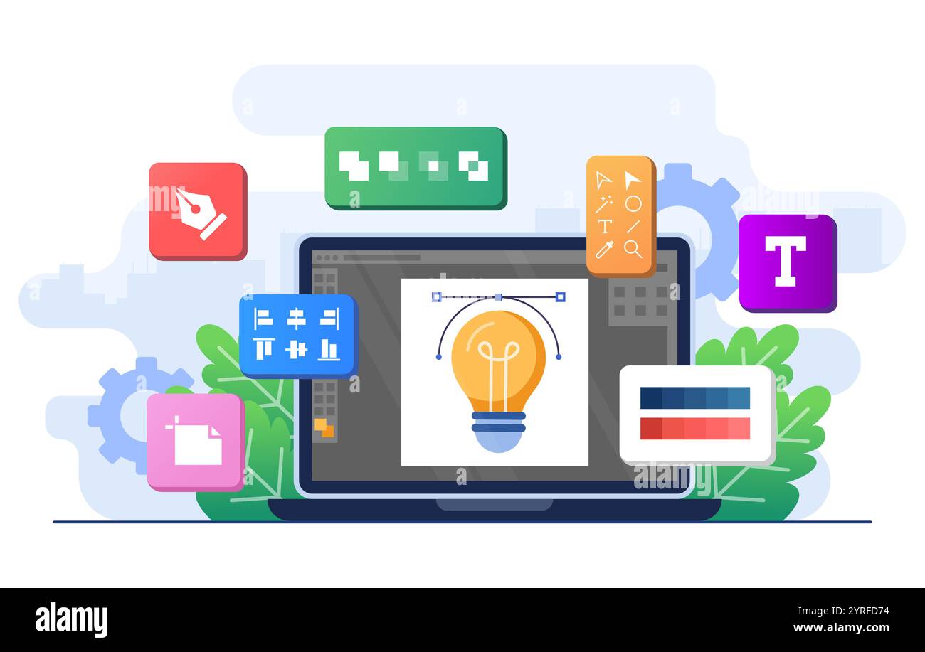 Graphic design software application on laptop screen flat illustration ...