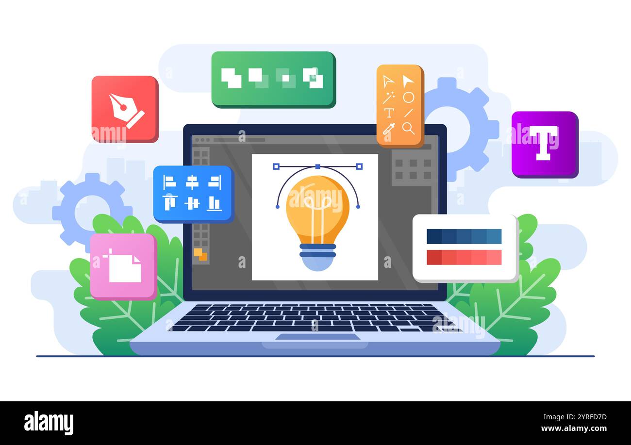 Graphic design software application on laptop screen flat illustration ...