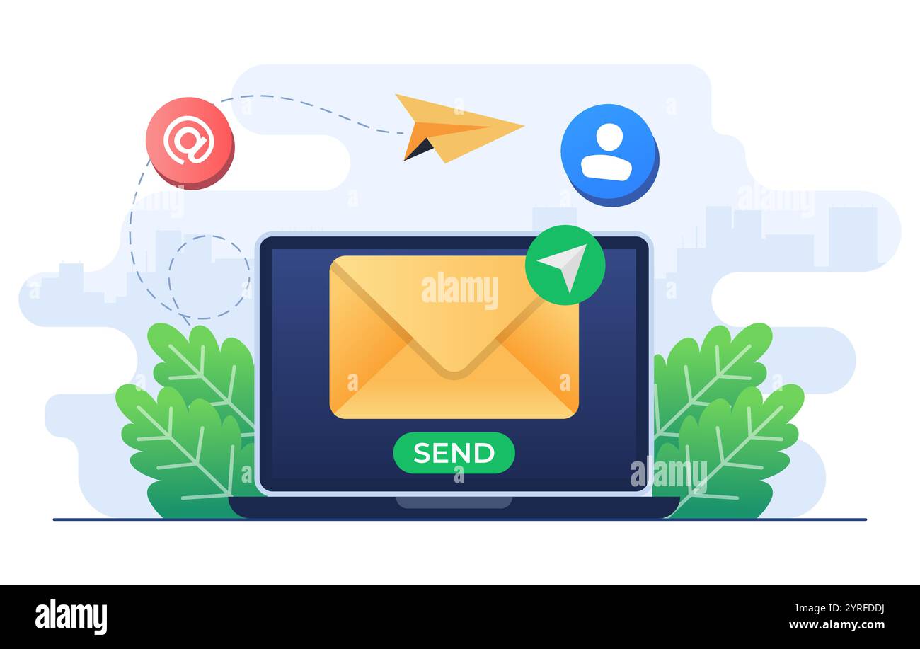 Envelope on laptop screen with send button, Online communication, Send email, Digital chat ...