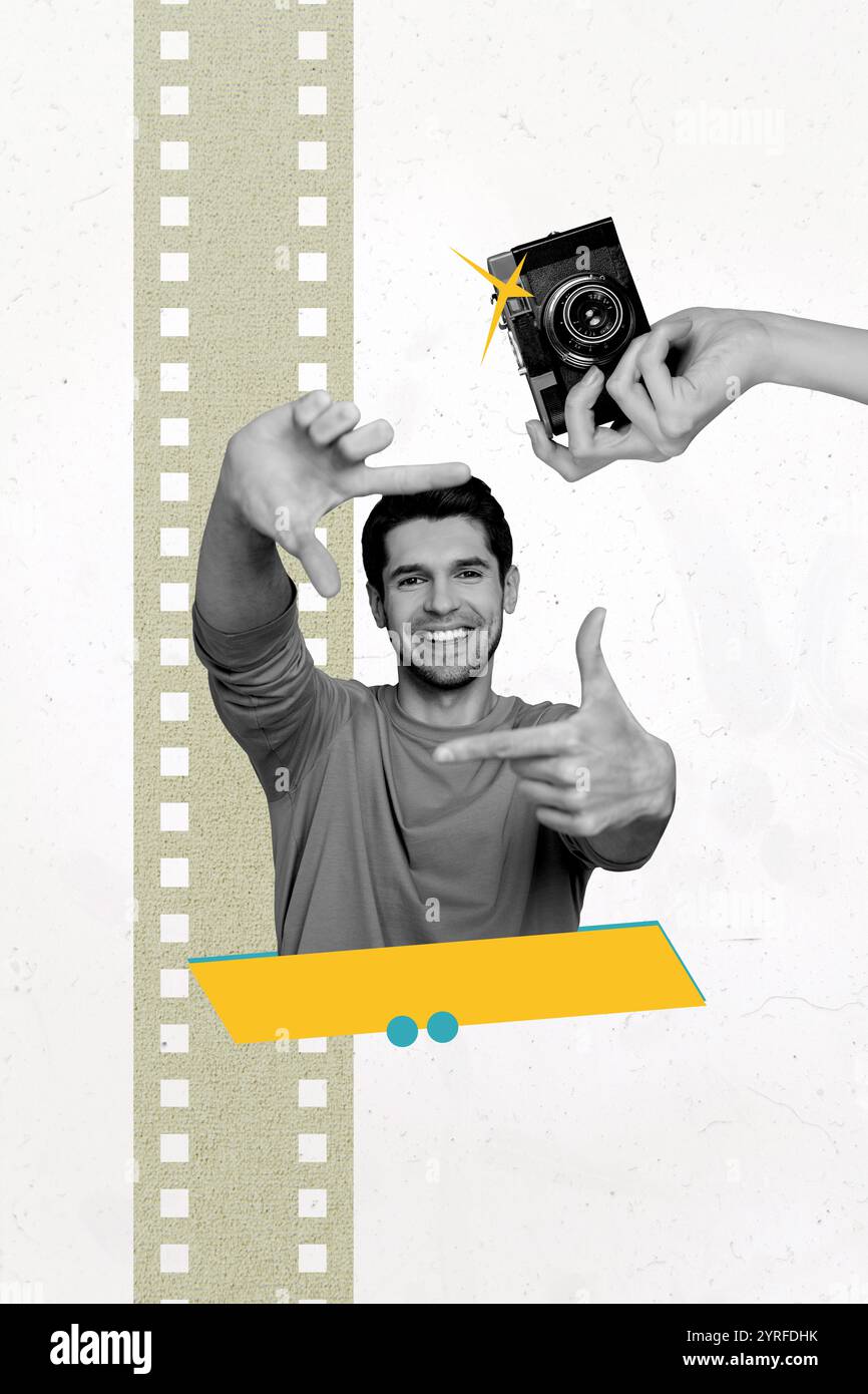 Vertical photo collage of happy man show hands gesture frame hand hold ...