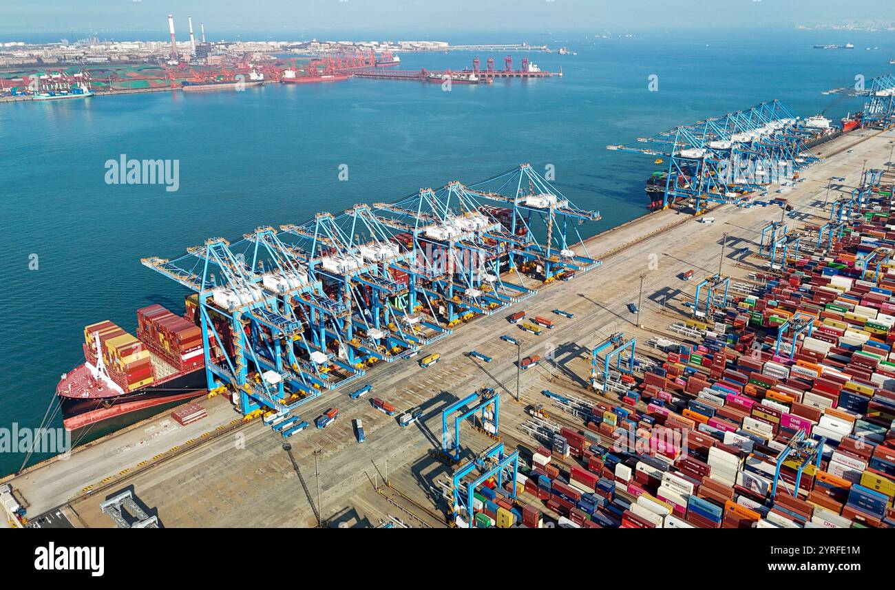 Aerial view of an automated container terminal in Qingdao in east China ...