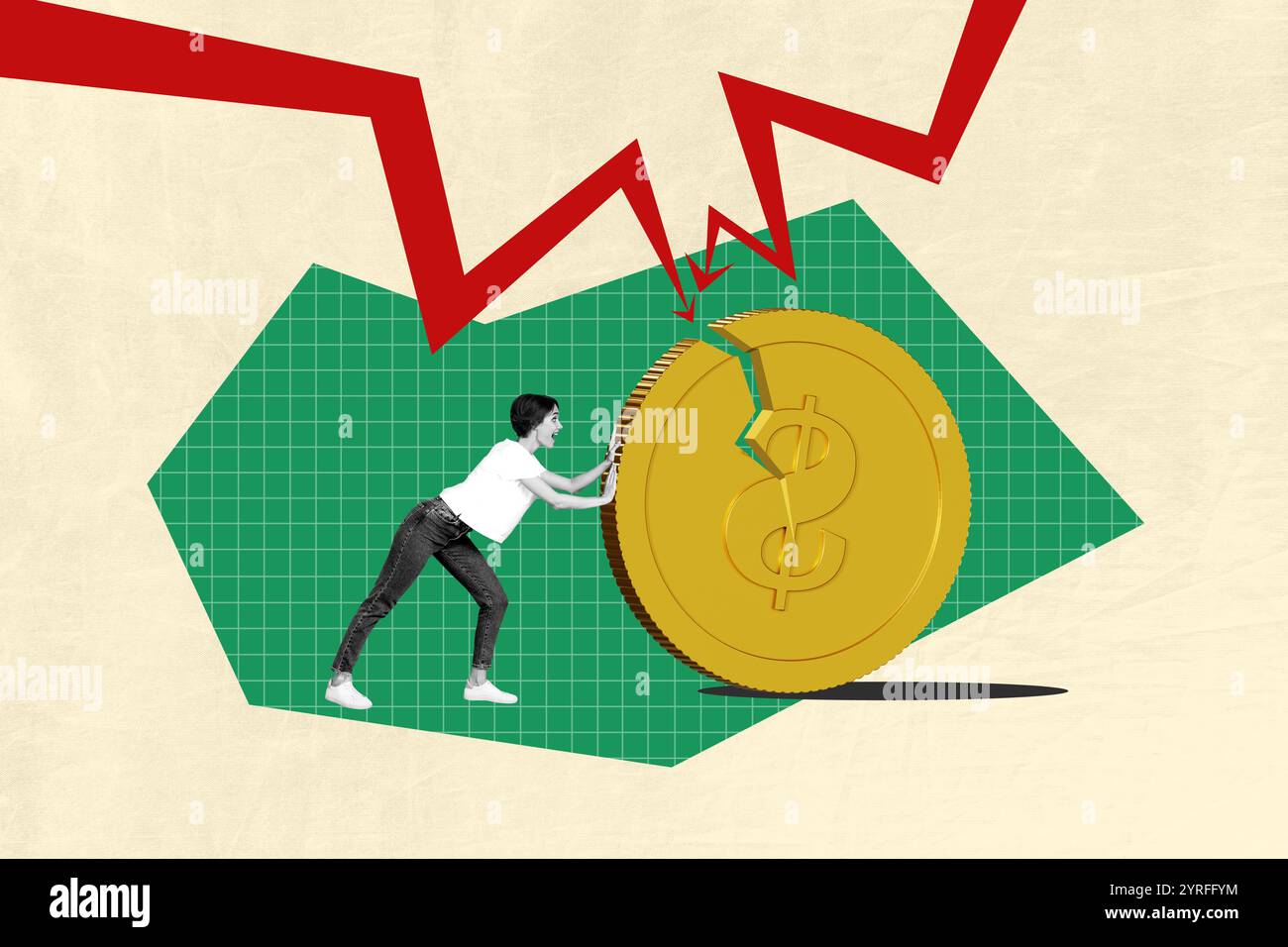 Creative photo collage young woman pull effort golden coin dollar ...