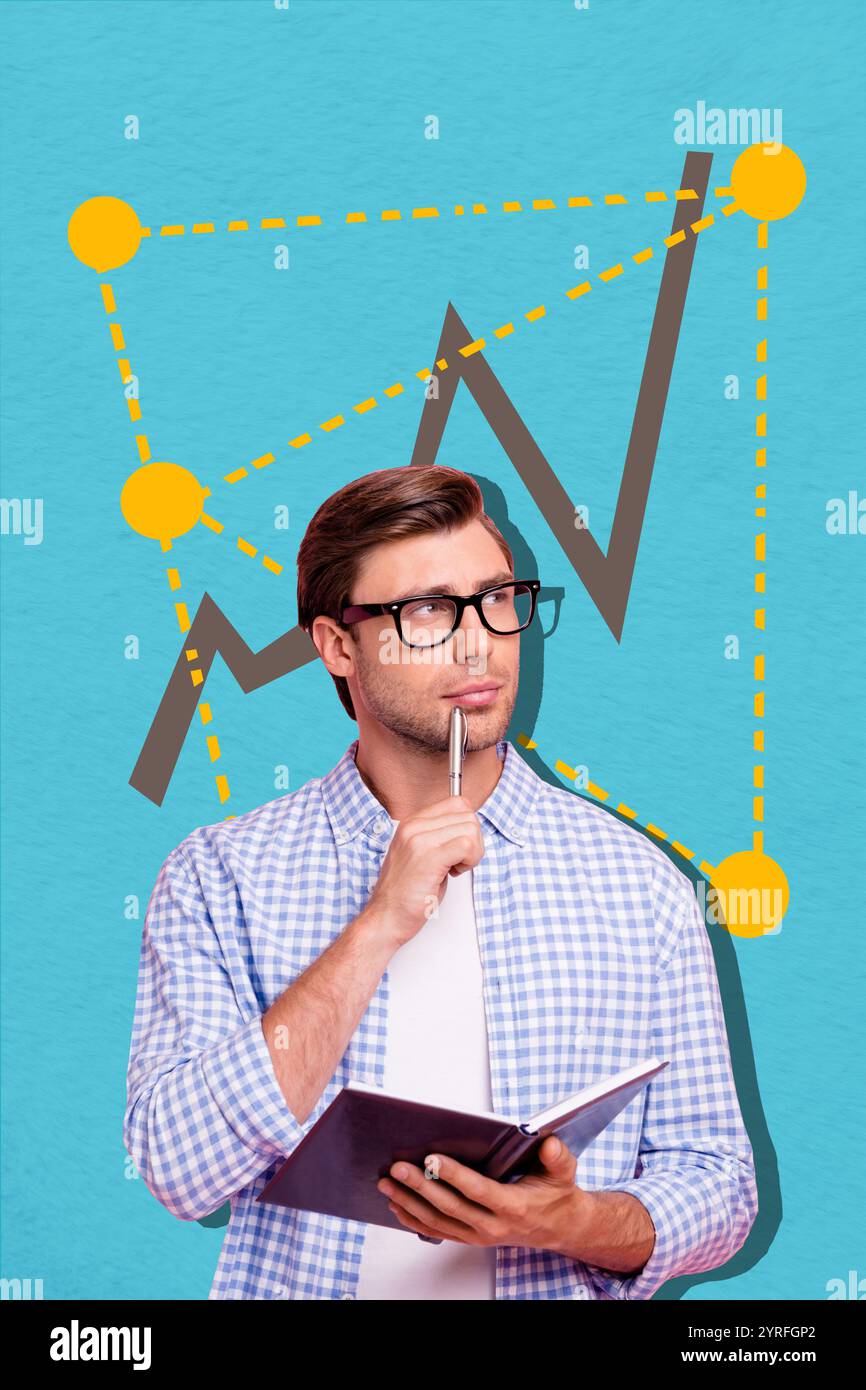 Vertical photo collage of minded businessman hold planner pen think ...