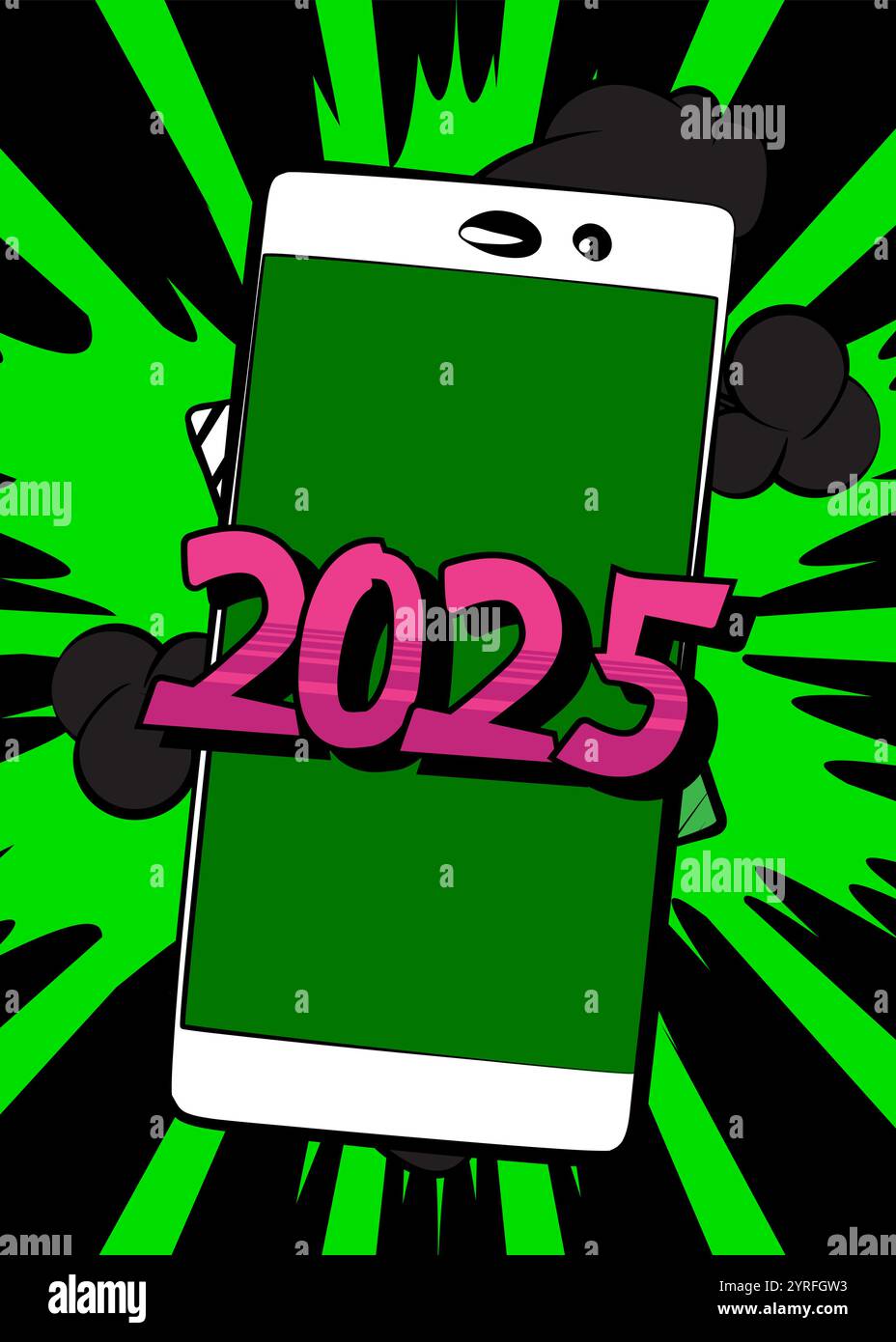 Cartoon Smartphone, comic book Telephone with 2025. Retro vector comics ...