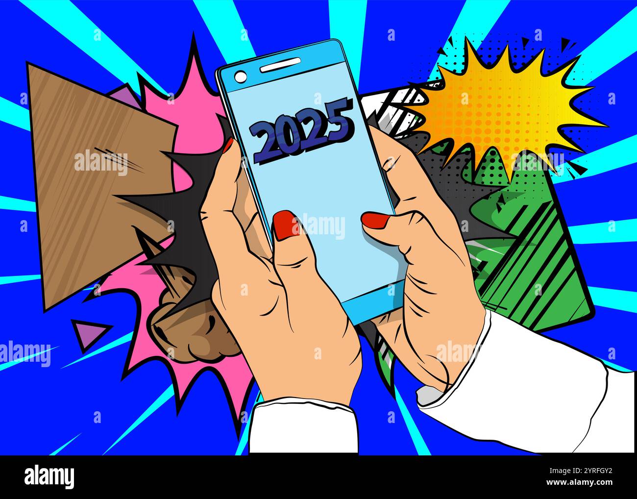 Cartoon Smartphone, comic book Telephone with 2025. Retro vector comics ...