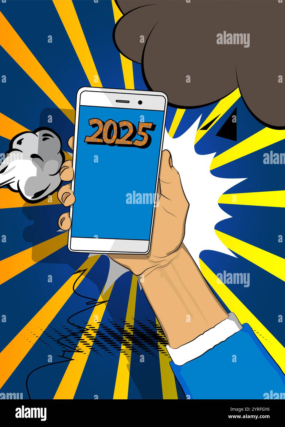 Cartoon Smartphone, comic book Telephone with 2025. Retro vector comics ...