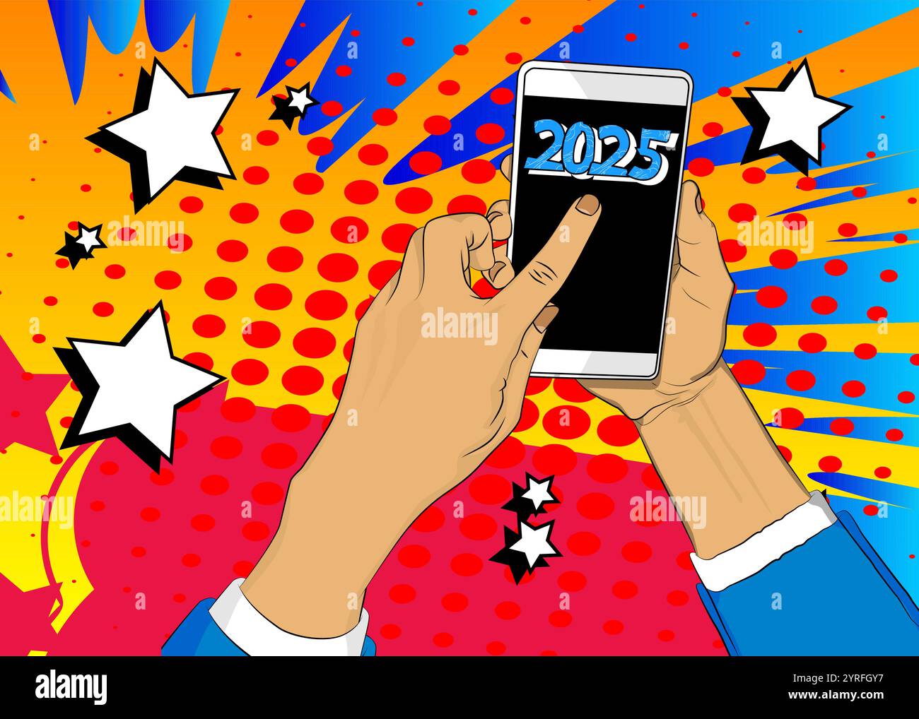 Cartoon Smartphone, comic book Telephone with 2025. Retro vector comics ...