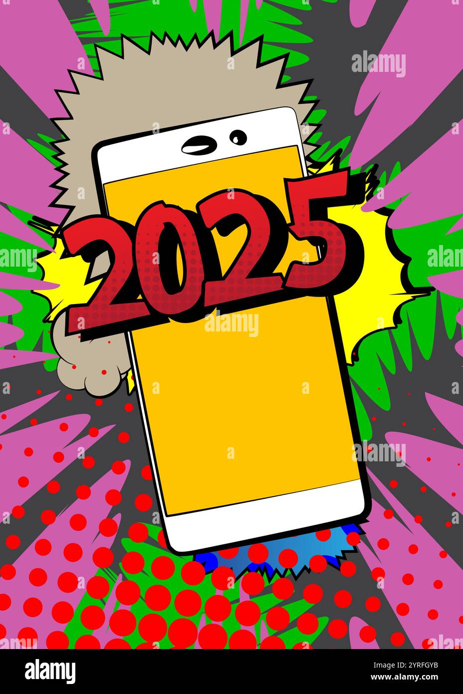 Cartoon Smartphone, comic book Telephone with 2025. Retro vector comics ...