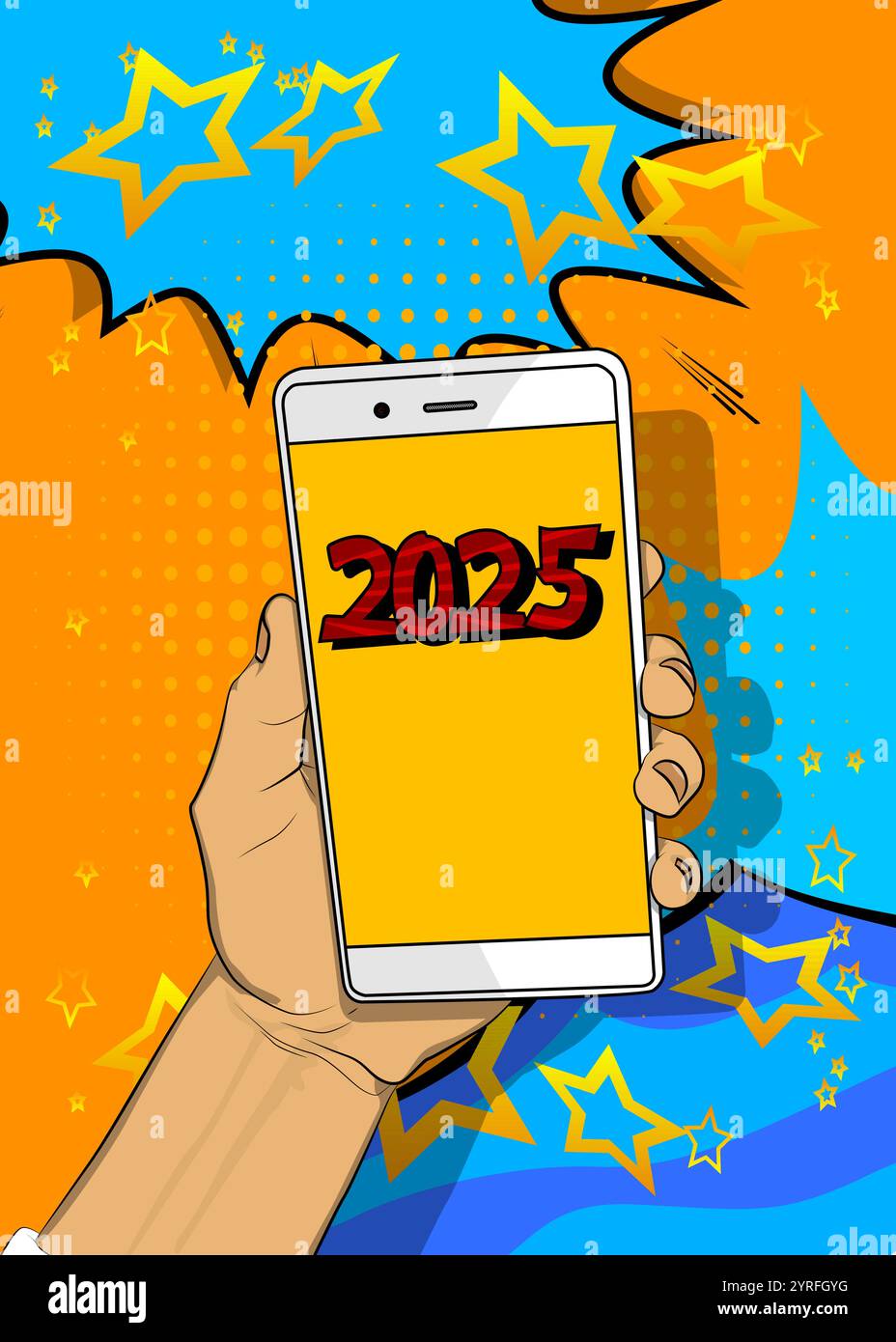 Cartoon Smartphone, comic book Telephone with 2025. Retro vector comics ...