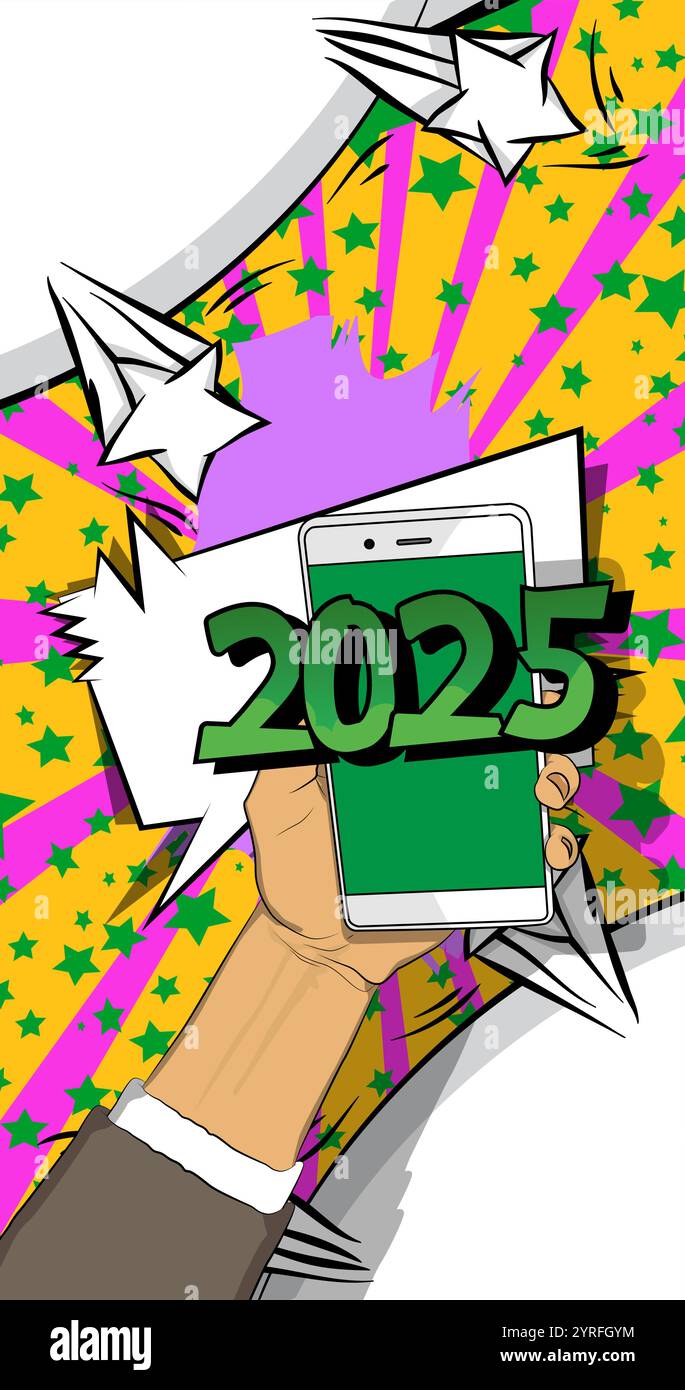 Cartoon Smartphone, comic book Telephone with 2025. Retro vector comics ...