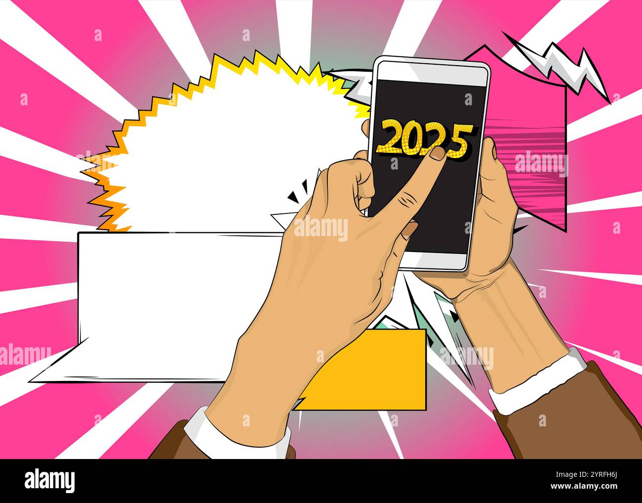 Cartoon Smartphone, comic book Telephone with 2025. Retro vector comics ...