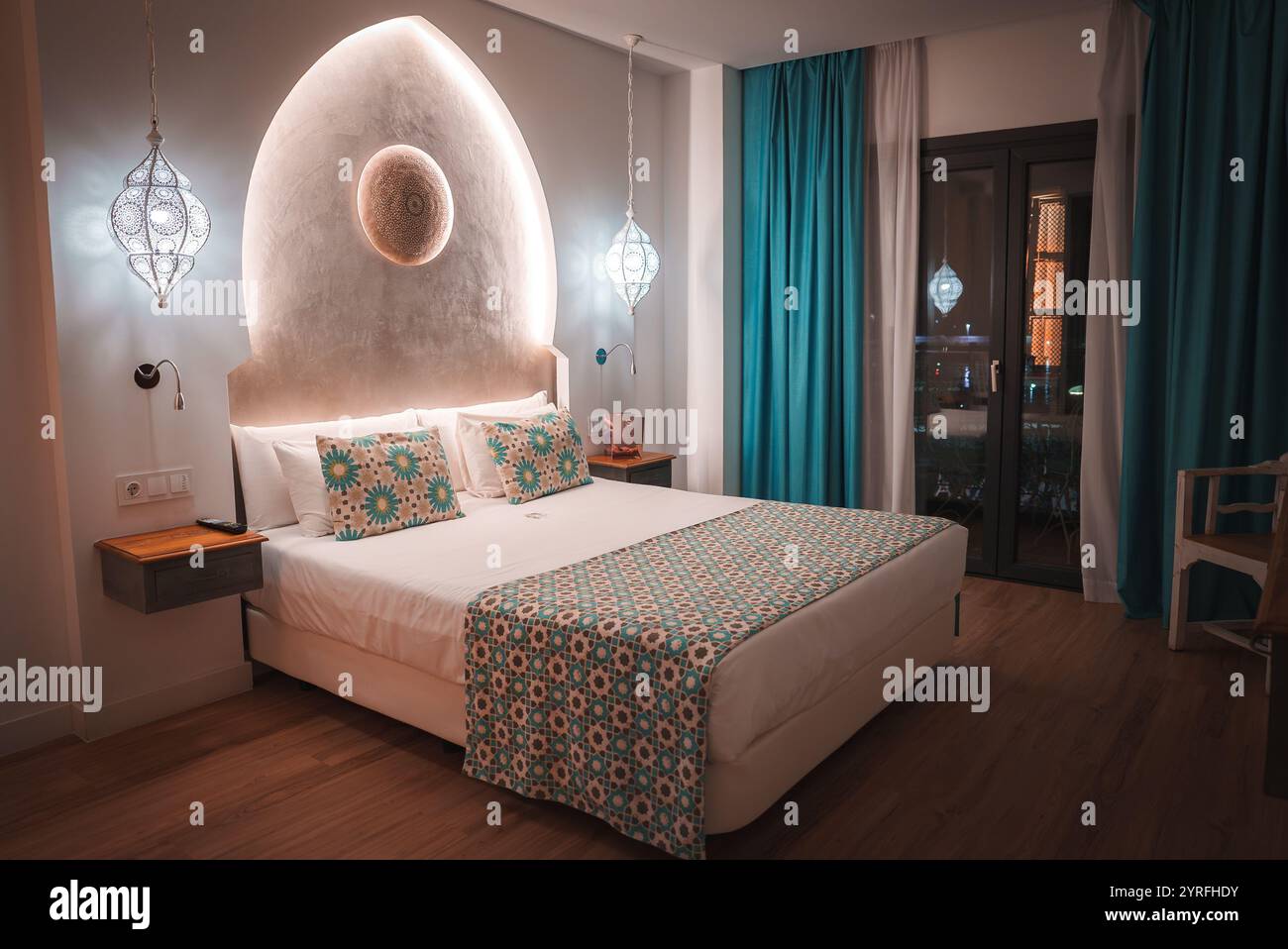 Luxurious Marrakech Themed Hotel Room with City View and Lanterns Stock ...
