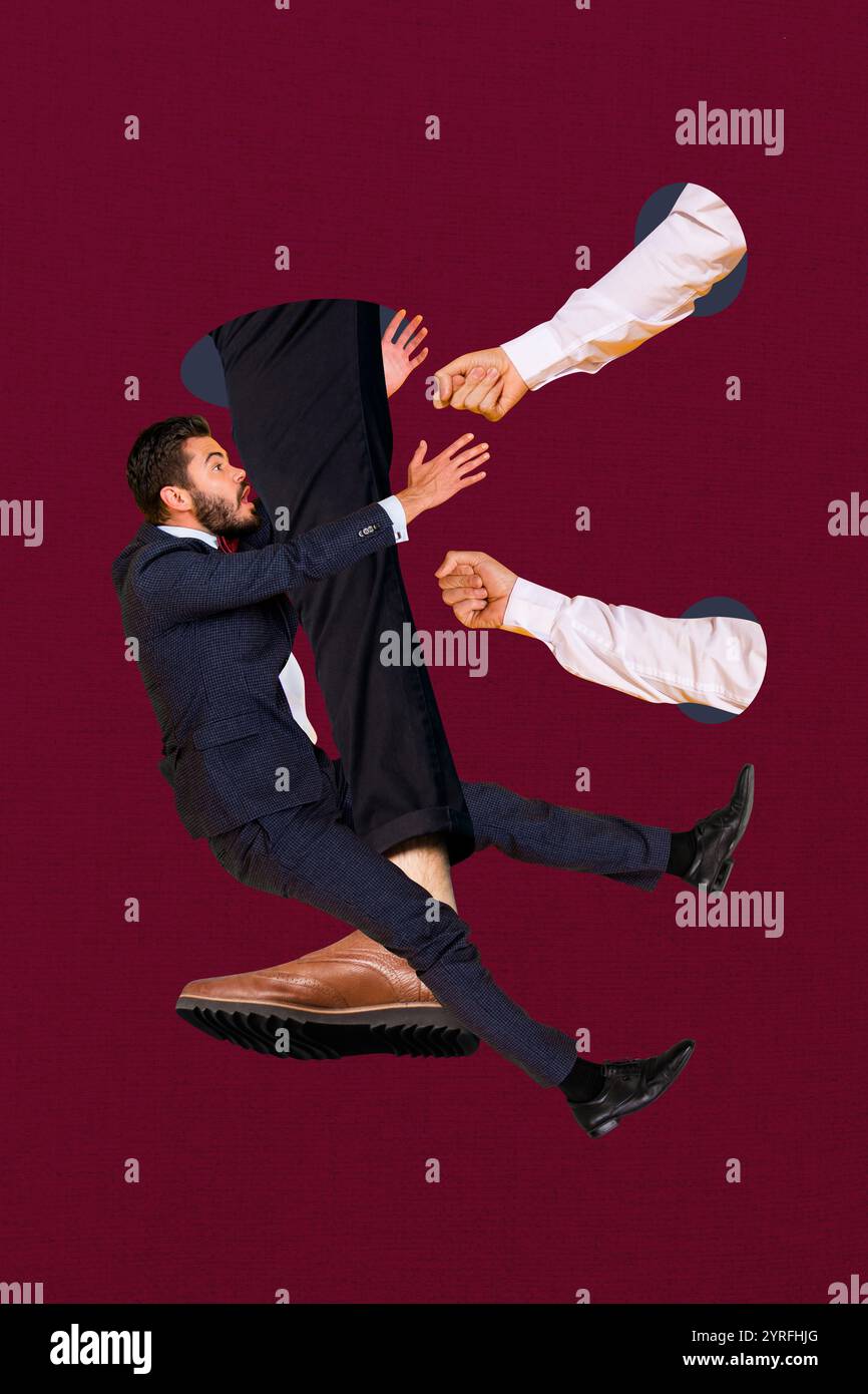 Vertical photo collage of shocked guy push leg hands fist gesture ...
