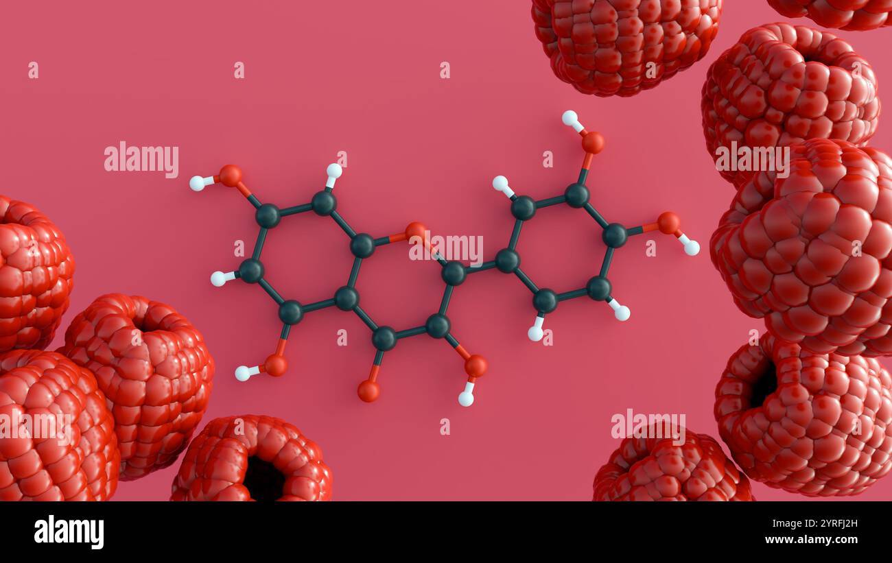 A 3d rendering of chemical structure formula of Quercetin and group of ...