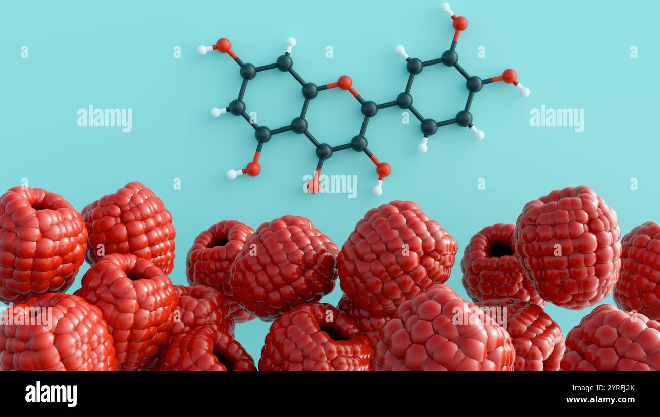 A 3d rendering of chemical structure formula of Quercetin and group of ...