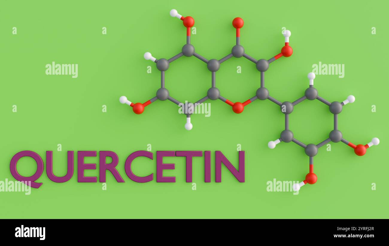 A 3d rendering of chemical structure formula of Quercetin. It is a ...