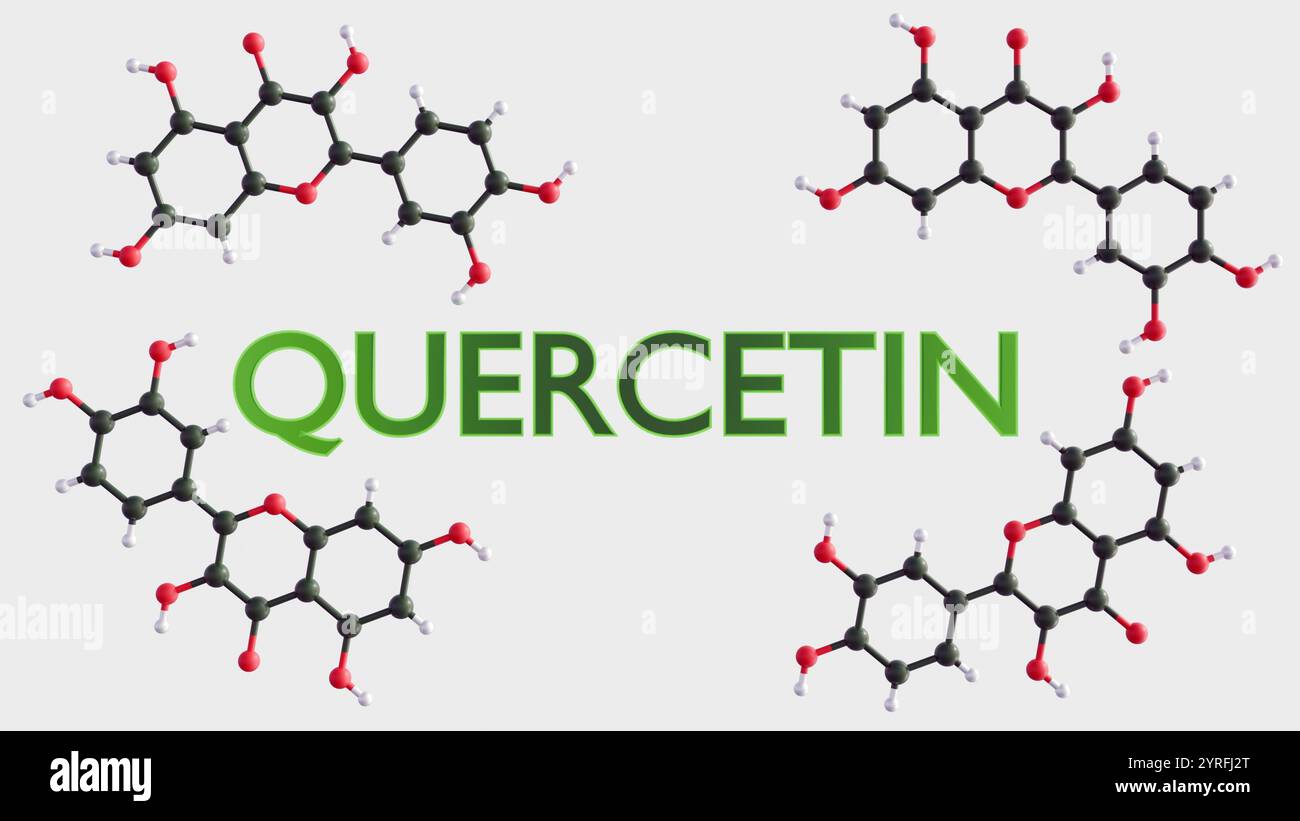 A 3d rendering of chemical structure formula of Quercetin. It is a ...