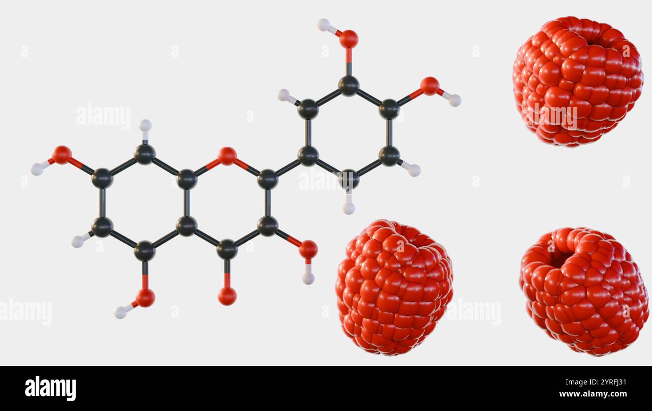 A 3d rendering of chemical structure formula of Quercetin and group of ...
