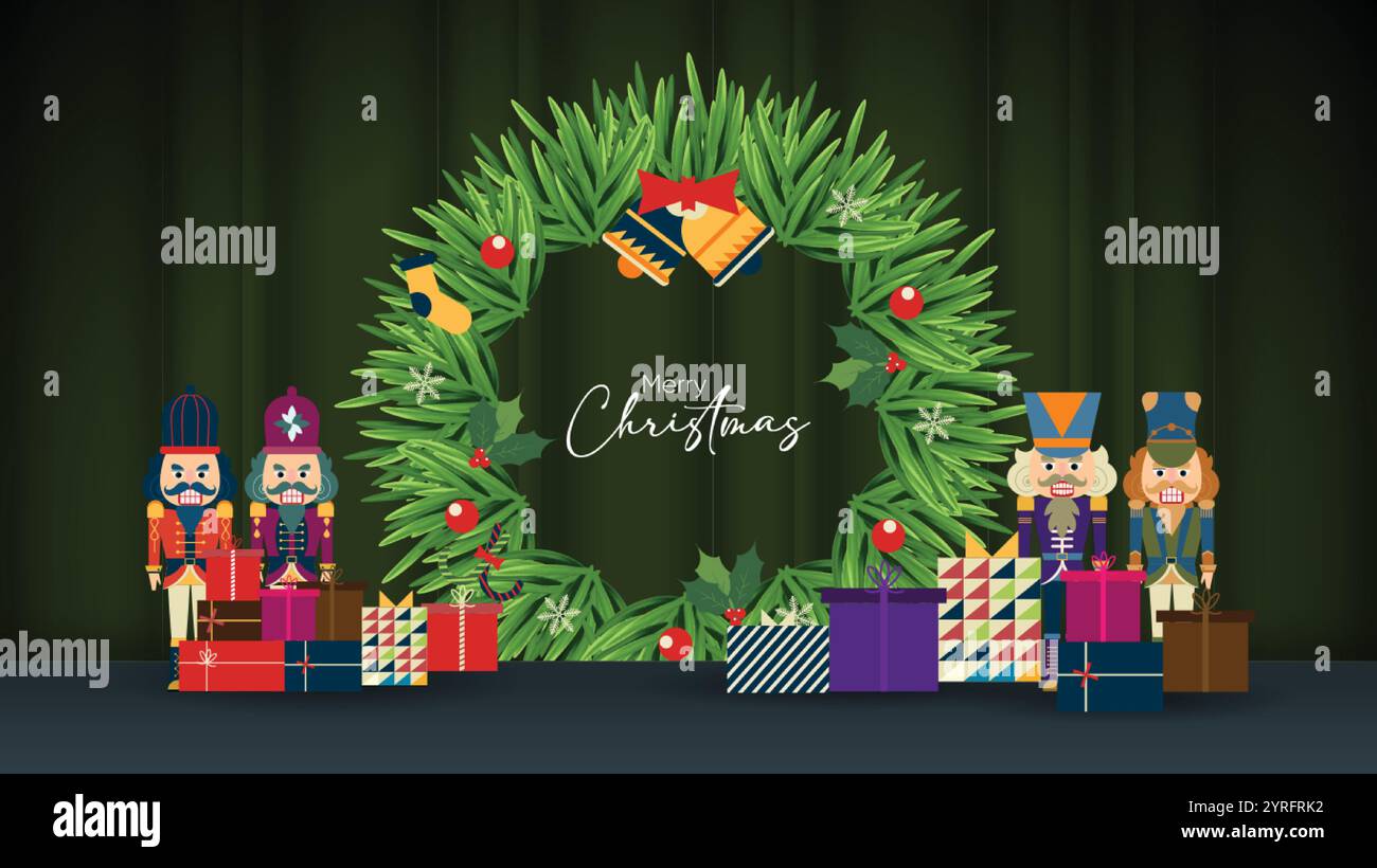 Christmas background with festive wreath and festive decorations Stock ...