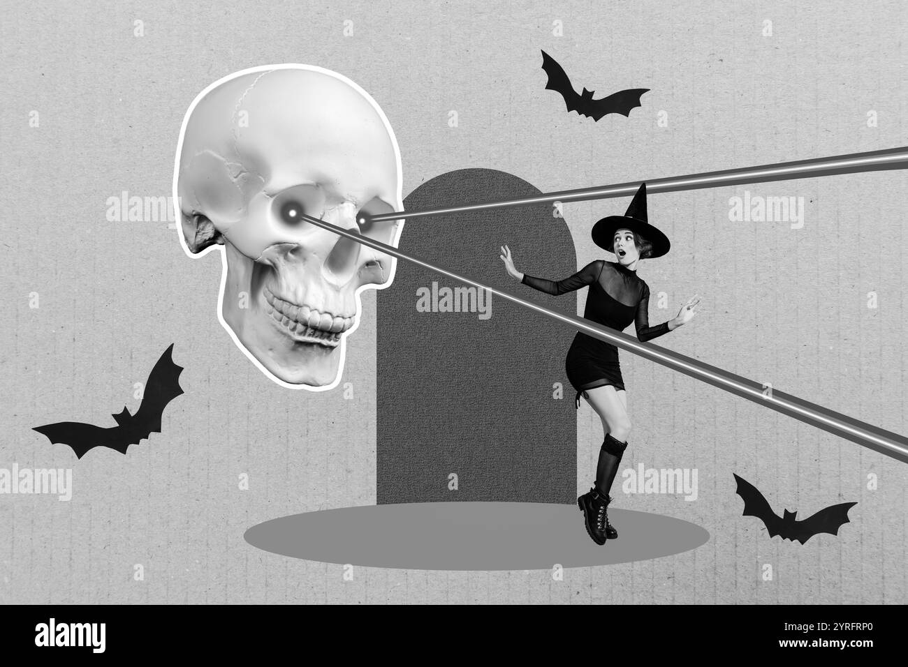 Collage photo poster sketch witch lady wear black cone costume scared ...