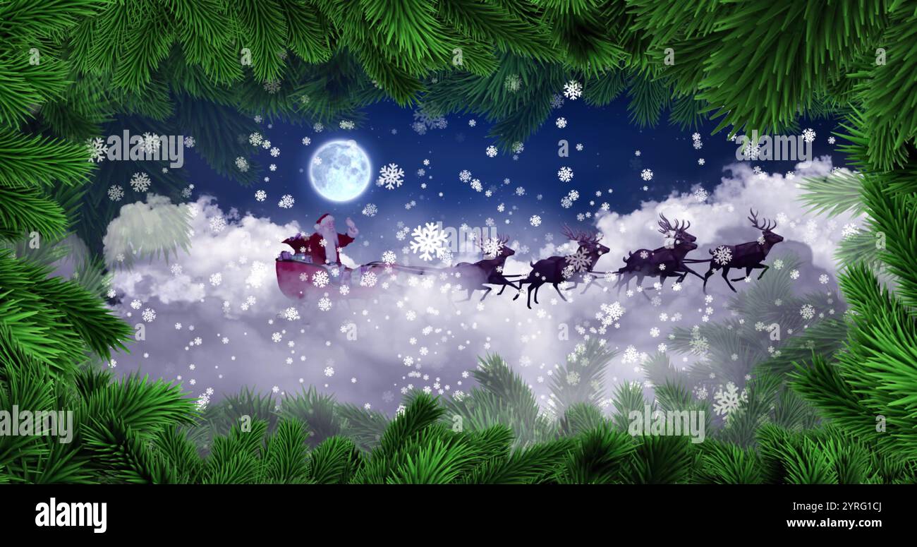 Image of snow falling over christmas santa claus in sleigh with ...