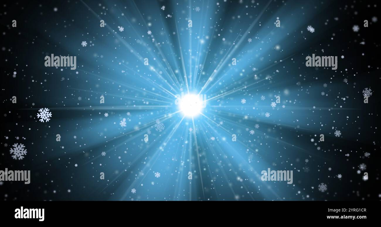 Image of snow falling over light trails on blue background Stock Photo ...