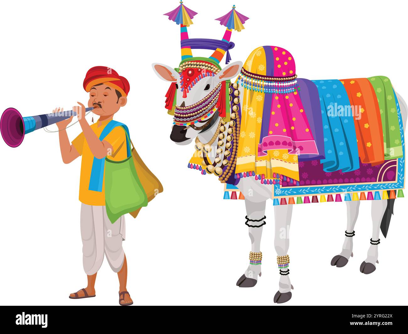 Decorated Ox, Indian decorated Ox and folk man with playing musical ...
