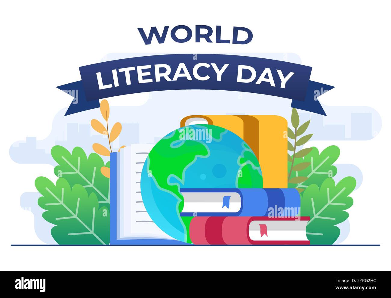International Literacy Day flat vector illustration banner with books and globe, 8th September ...