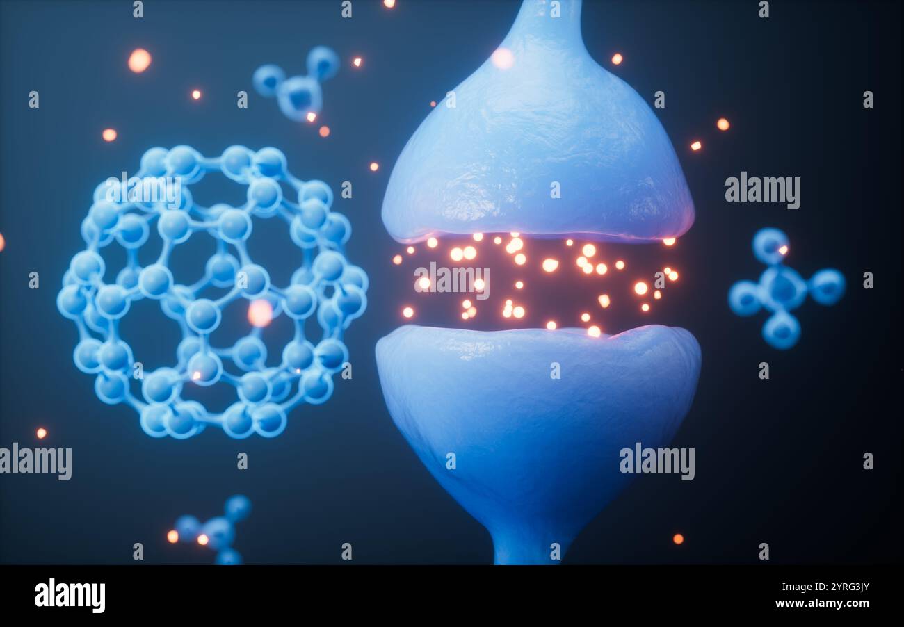 Molecules and synapses, nervous system concept, 3d rendering. 3d ...