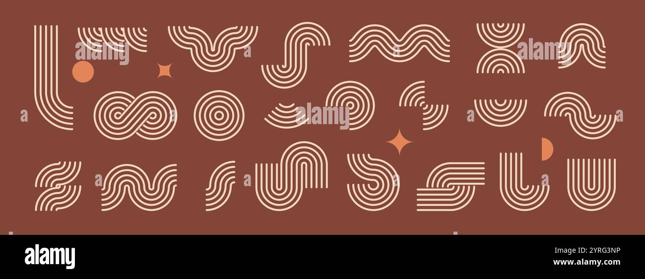 Boho line element set. Brown wave, zigzag and arch form design. Mid ...