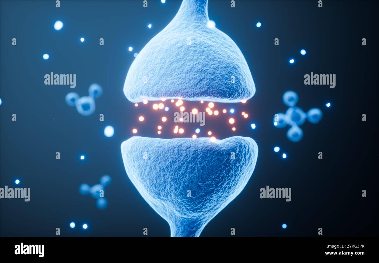 Molecules and synapses, nervous system concept, 3d rendering. 3d ...